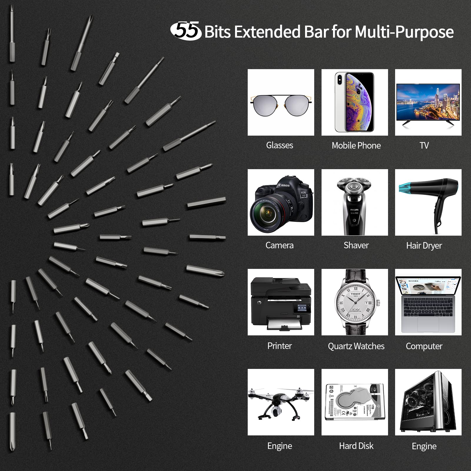 Mini Electric Screwdriver, Small Portable Cordless Power Screwdriver Set with 55 Precision Bits & LED Light & Magnetic Mat, Handy Repair Tool for Phone Watch Camera Laptop