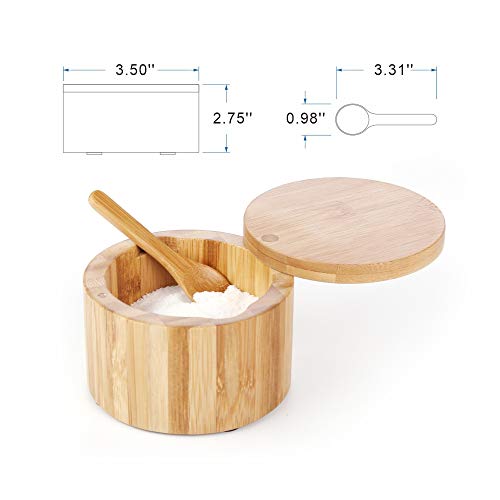 KITCHENDAO Bamboo Salt Cellar Bowl Box Container with Built-in Spoon to avoid Dust, Elegant Kitchen Salt Dish Holder Saver Jar with Swivel Magnetic Lid to Storage Pepper Spice Bath Salt Sea Salt, 6OZ