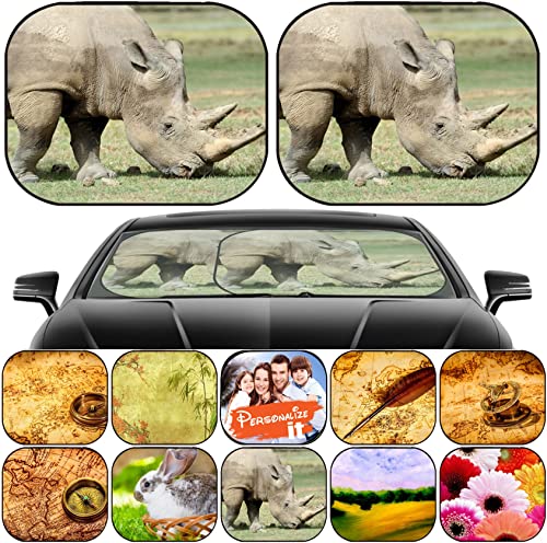 Maizi Sun Cover for Car Windshield 2pcs Universal Fit Sun Covers for Car Windshield Fits Most Wagon, Small Car, Pickup Truck, Van Image ID: African White Rhino Lake Nakur American-Made Product