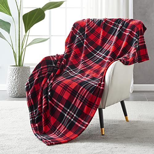 SOCHOW Flannel Fleece Throw Blanket 50 × 60 Inches, All Season Plaid Red/Grey Blanket for Bed, Couch, Car