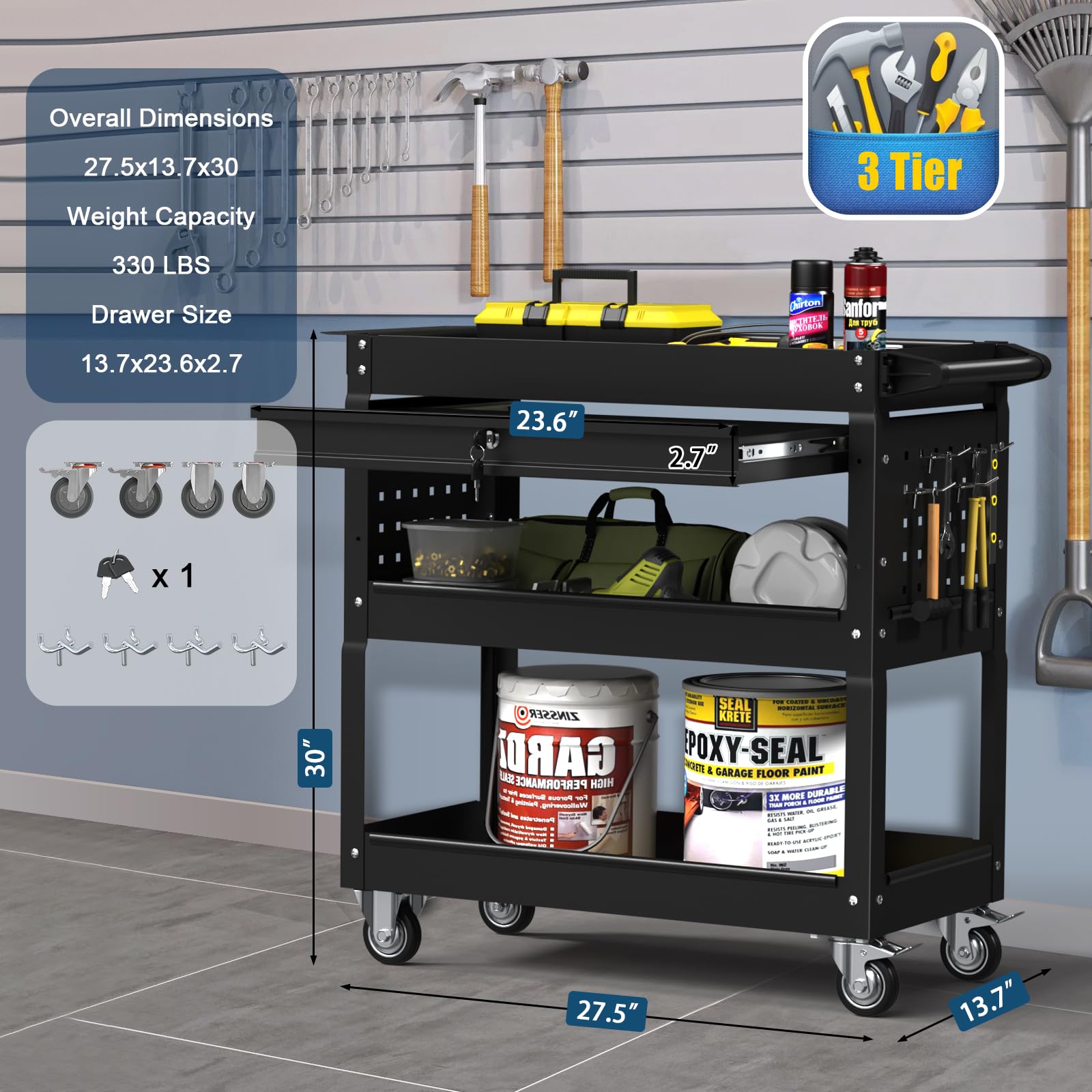 Tooremine 3 Tier Rolling Tool Cart, 330 lb Capacity Utility Cart, Metal Service Tool Cart with Drawer and Lock, Tool Storage Cart for Garage Warehouse Workshop Repair Shop (Black)