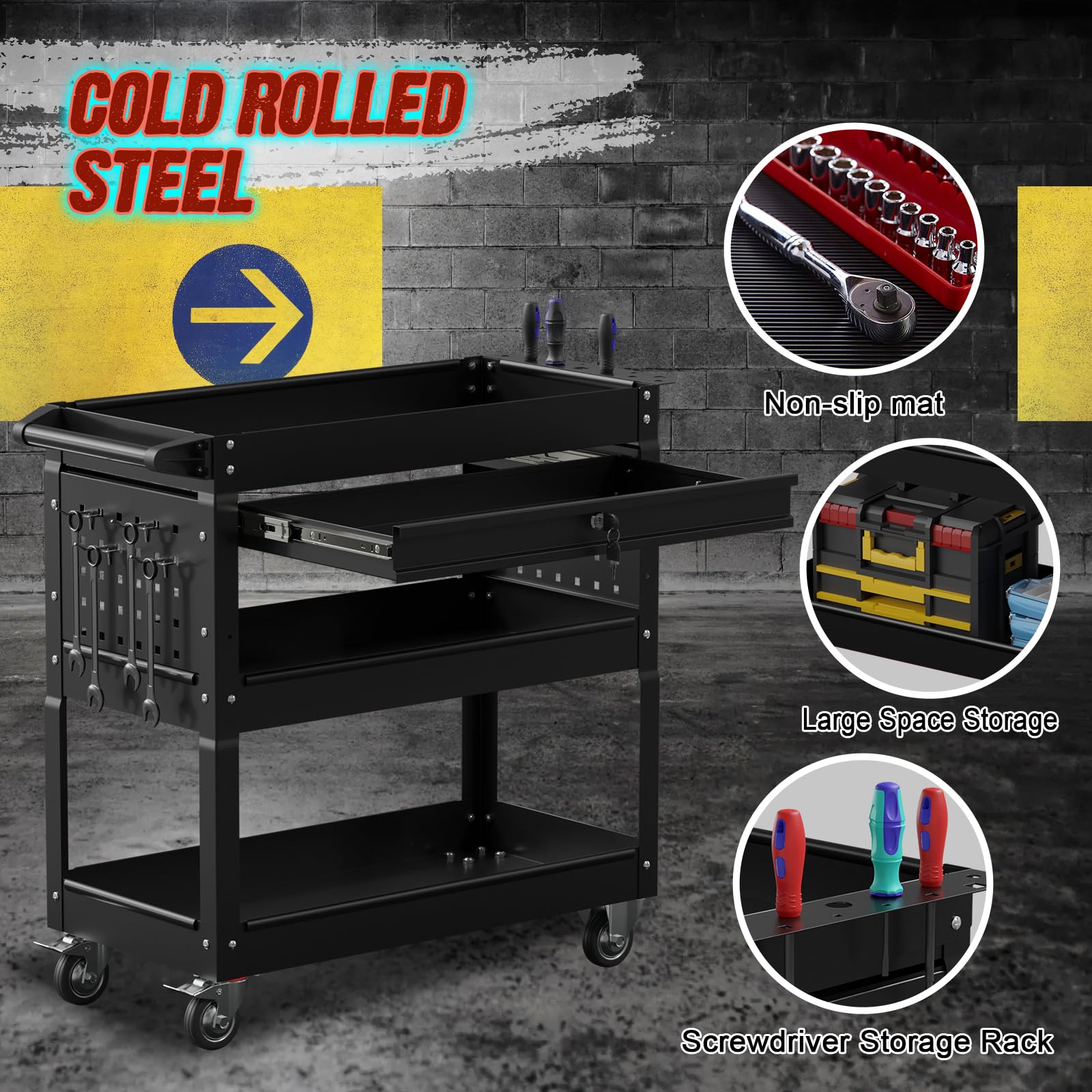 Tooremine 3 Tier Rolling Tool Cart, 330 lb Capacity Utility Cart, Metal Service Tool Cart with Drawer and Lock, Tool Storage Cart for Garage Warehouse Workshop Repair Shop (Black)