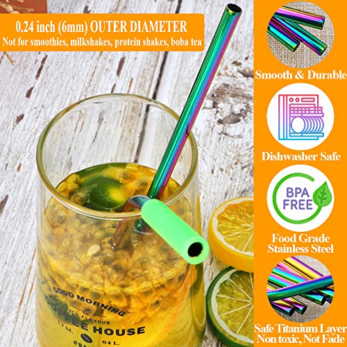 Lazycorner 16 Metal Straw Reusable Straws 8.5" 10.5" 6mm Stainless Steel Straws for Tumblers 20oz-32oz, Rainbow Drinking Straws with Silicone Tips, 4 Straw Cleaner Brush, 1 Travel Case