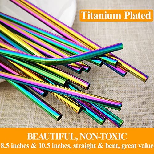 Lazycorner 16 Metal Straw Reusable Straws 8.5" 10.5" 6mm Stainless Steel Straws for Tumblers 20oz-32oz, Rainbow Drinking Straws with Silicone Tips, 4 Straw Cleaner Brush, 1 Travel Case