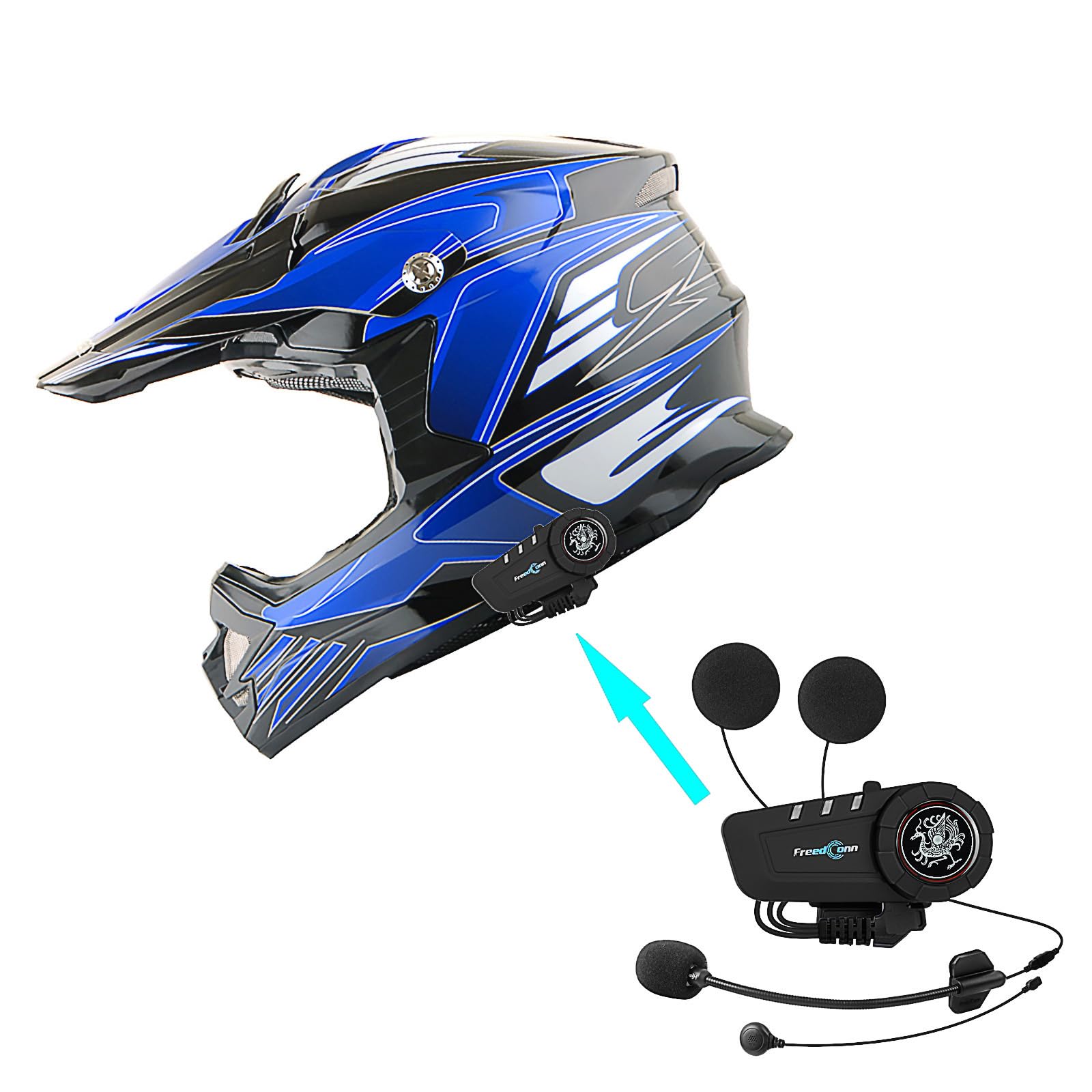 1Storm Adult Motocross Helmet BMX MX ATV Dirt Bike Downhill Mountain Bike Helmet Flying Style H819-5 + Motorcycle Bluetooth Headset: Flying Blue