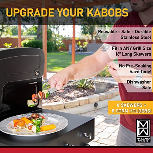 MAILLARD MASTERS Metal Skewers for Kabobs - Flat BBQ Skewers for Grilling with Sliders + Corn Holders. Carrying Case Giftset. Grill Meats, Shrimp, Chicken and Veggies like a PRO (16 pcs total)