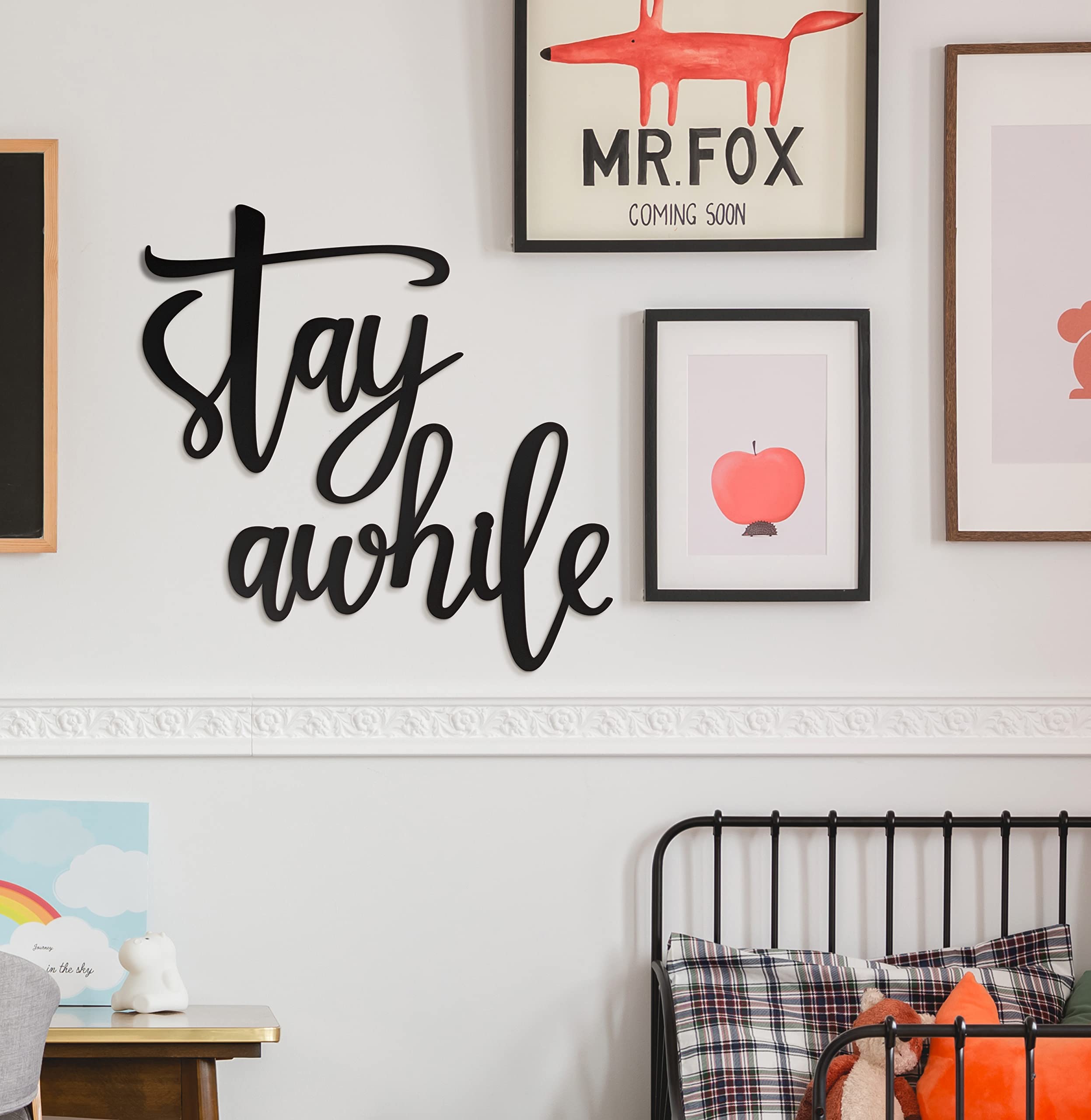 Vivegate Stay Awhile Metal Wall Art Sign - 2 Pieces Black Stay Awhile Wall signs for Home Wall Decor Entryway Wall Decor (Medium - 28"X12")