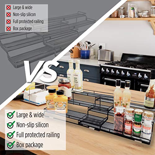 DOTORYDESIGN 3 Tier Wide Expandable Cabinet Spice Rack Organizer (14.5" to 29.1") - Step Shelf with Protection Railing, Black
