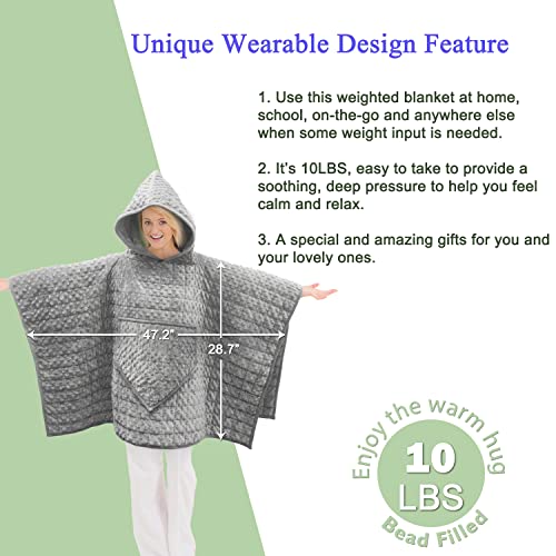 DANDMLLC Weighted Blanket, 10 lbs Wearable Blanket Hoodie, Bead Filled Weighted Hoodie Helps Sleep, Heavy Blanket with Pocket for Bed, Machine Washable Oversized Poncho for Adults
