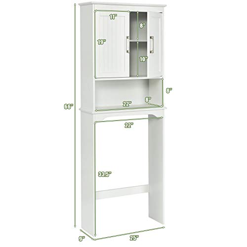 BestComfort Over The Toilet Storage Cabinet, Bathroom Space Saver with Adjustable Inside Shelf and Open Bottom Shelf, Toilet Rack Organizer with Double Doors (25inchx 9inchx 66inch), White