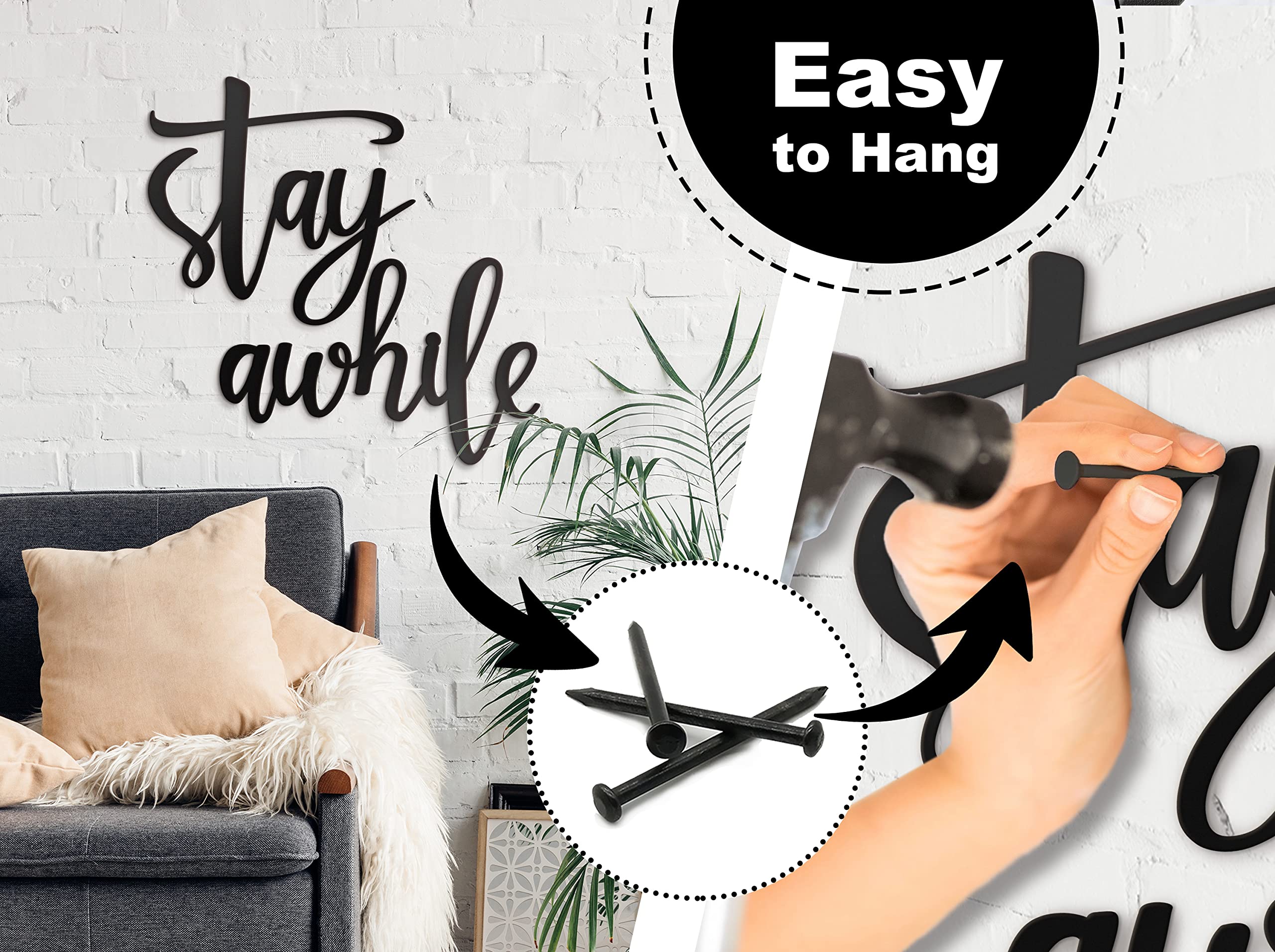 Vivegate Stay Awhile Metal Wall Art Sign - 2 Pieces Black Stay Awhile Wall signs for Home Wall Decor Entryway Wall Decor (Medium - 28"X12")