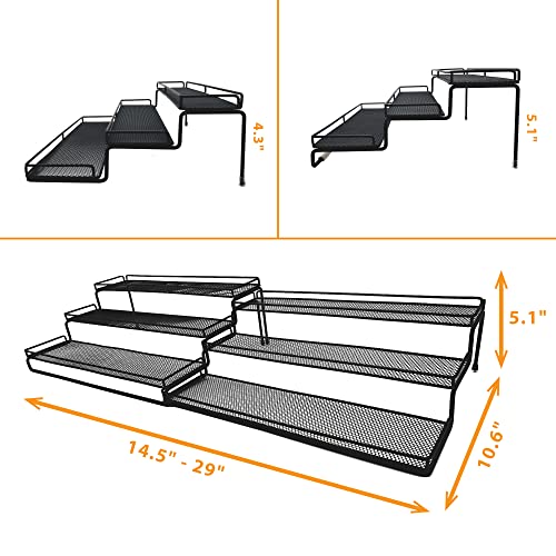 DOTORYDESIGN 3 Tier Wide Expandable Cabinet Spice Rack Organizer (14.5" to 29.1") - Step Shelf with Protection Railing, Black