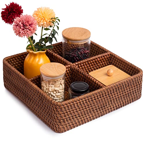 Rattan Basket Compartments Square Divided Organizer 4-Section for Shelves 12 x 12 x 3.5 in Divided Basket Wicker Toilet Paper Basket for Storage Organizing Bathroom(4-Divider, Dark Brown)