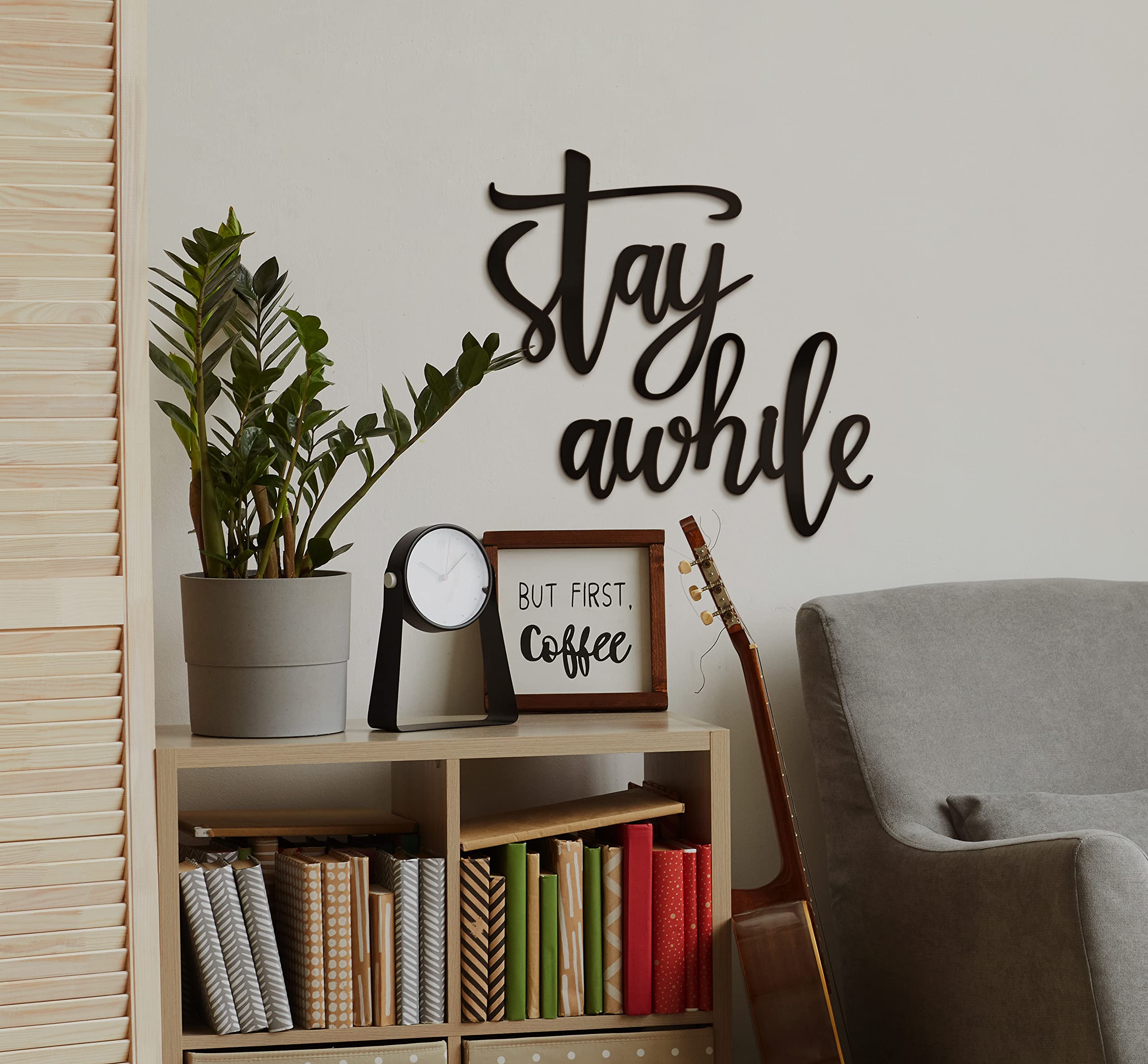 Vivegate Stay Awhile Metal Wall Art Sign - 2 Pieces Black Stay Awhile Wall signs for Home Wall Decor Entryway Wall Decor (Medium - 28"X12")