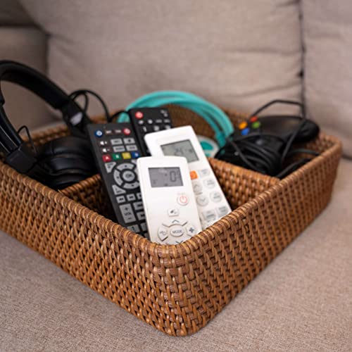 Rattan Basket Compartments Square Divided Organizer 4-Section for Shelves 12 x 12 x 3.5 in Divided Basket Wicker Toilet Paper Basket for Storage Organizing Bathroom(4-Divider, Dark Brown)