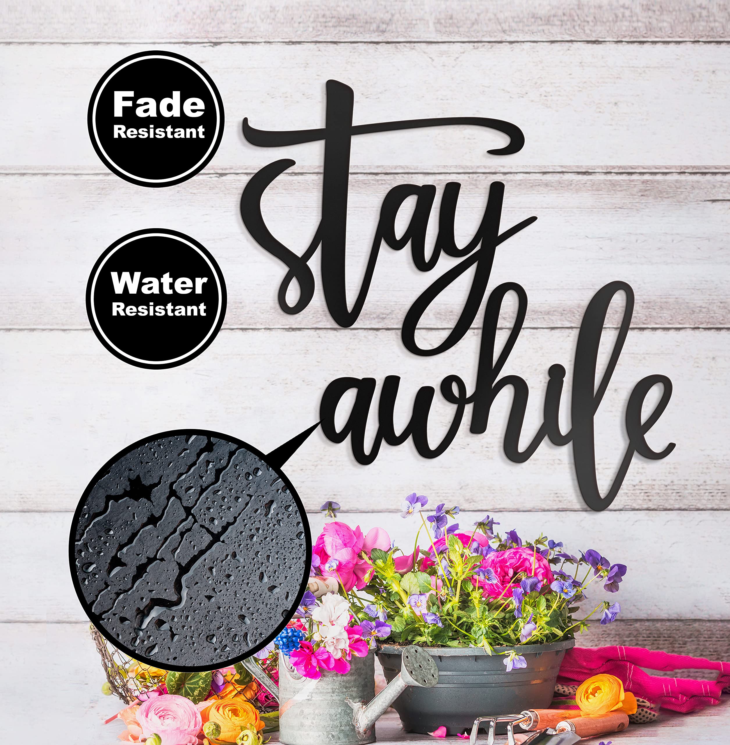 Vivegate Stay Awhile Metal Wall Art Sign - 2 Pieces Black Stay Awhile Wall signs for Home Wall Decor Entryway Wall Decor (Medium - 28"X12")