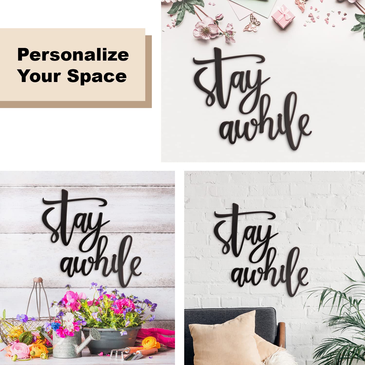 Vivegate Stay Awhile Metal Wall Art Sign - 2 Pieces Black Stay Awhile Wall signs for Home Wall Decor Entryway Wall Decor (Medium - 28"X12")