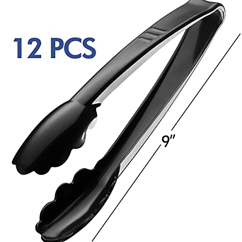 Plastic Tongs for Serving (Pack of 12) 9 Inch - Heavy-Duty Hard Plastic Reusable or Disposable Serving Tongs for Catering, Dinner Parties, Banquets, Buffets, Events, Weddings and Everyday Use, Black