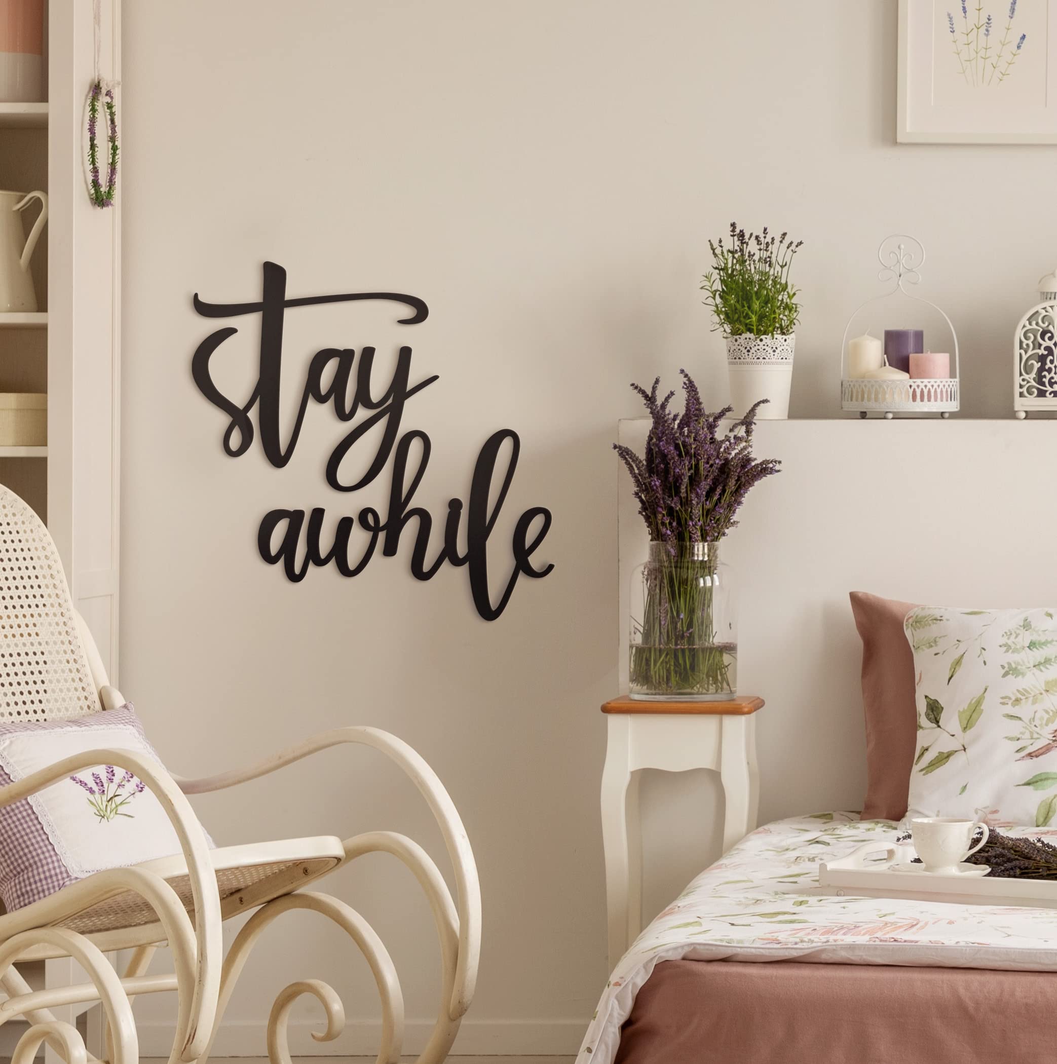 Vivegate Stay Awhile Metal Wall Art Sign - 2 Pieces Black Stay Awhile Wall signs for Home Wall Decor Entryway Wall Decor (Medium - 28"X12")