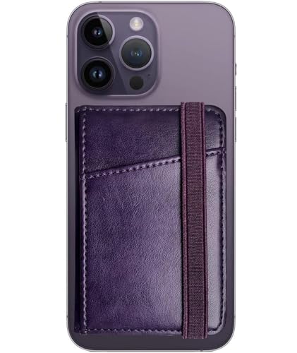 LINYUNE Phone Wallet Stick On for iPhone Cases, MAX 6 Credit Cards Holder Flip Leather Pocket for Most Smart Cell Phones (Purple)