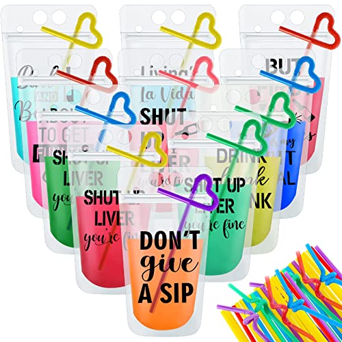 Drink Pouches with Straws Plastic Drink Bags with Zipper Party Beverage Bags Juice Pouches for Adults and Teens (36 Sets,9 Styles)