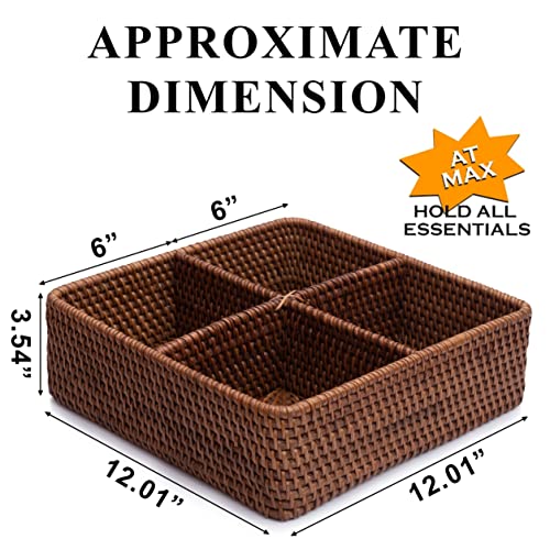 Rattan Basket Compartments Square Divided Organizer 4-Section for Shelves 12 x 12 x 3.5 in Divided Basket Wicker Toilet Paper Basket for Storage Organizing Bathroom(4-Divider, Dark Brown)
