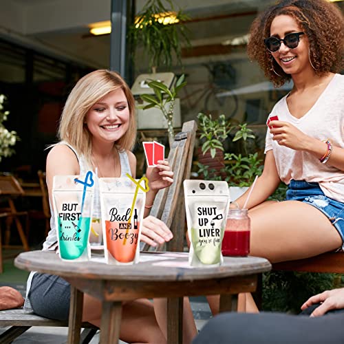 Drink Pouches with Straws Plastic Drink Bags with Zipper Party Beverage Bags Juice Pouches for Adults and Teens (36 Sets,9 Styles)