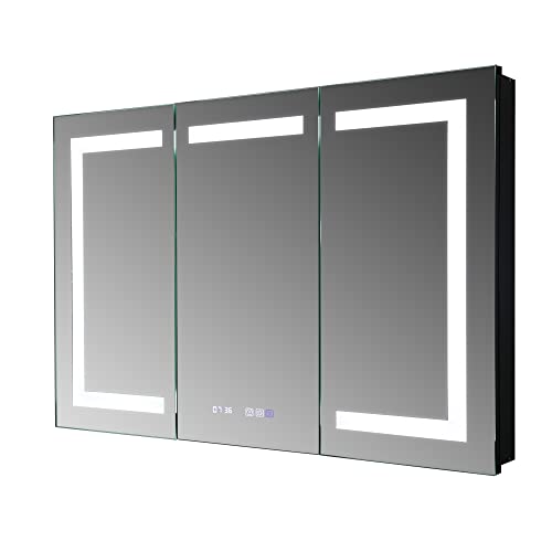 tunuo 48''W x 32''H Recessed or Surface Medicine Cabinets for Bathroom with Mirror, LED Medicine Cabinet Organizer with Crystal Sand Lighting Belts, Defogger, Dimmer, Clock, Outlets & USB, Black