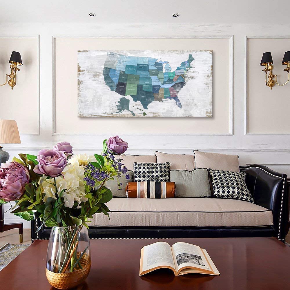 Map of The United States Wall Decor Map Canvas Wall Art for Wall Decoration Wood Background USA Canvas Prints for Bedroom Office Kitchen Home Wall Decor Framed Artwork Ready to Hang20 x40