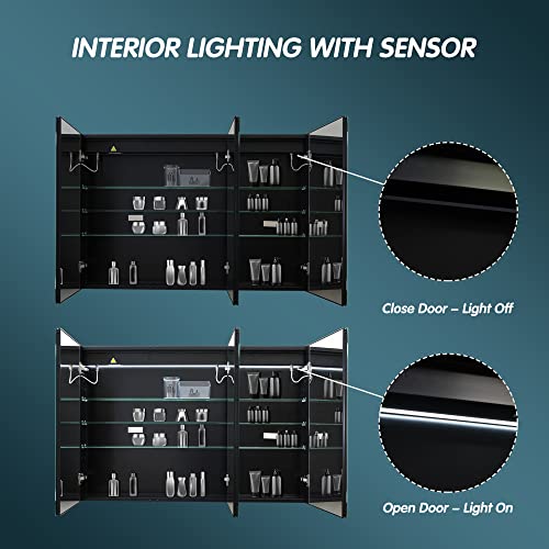 tunuo 48''W x 32''H Recessed or Surface Medicine Cabinets for Bathroom with Mirror, LED Medicine Cabinet Organizer with Crystal Sand Lighting Belts, Defogger, Dimmer, Clock, Outlets & USB, Black