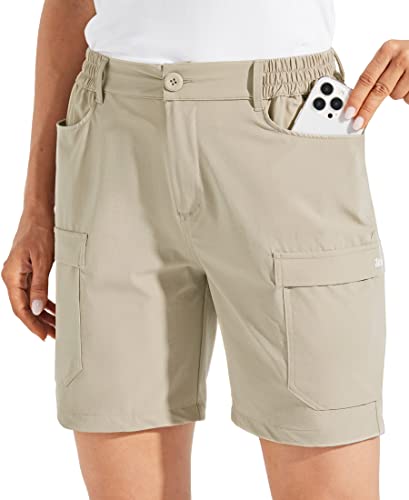 Willit Women's 7" Hiking Shorts Active Cargo Shorts Outdoor Quick Dry Summer Shorts with Pockets Water Resistant Khaki L