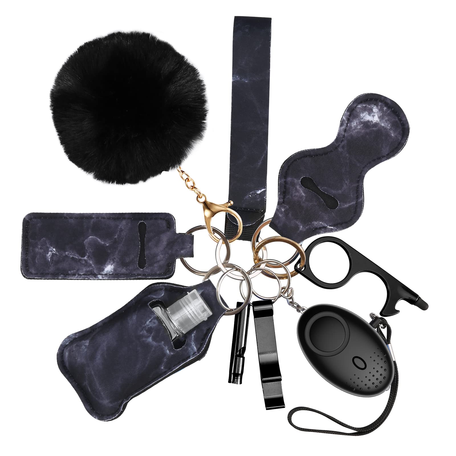 AMIR Safety Keychain Set for Women with Personal Safety Alarm, No Touch Door Opener, Whistle & Pompom - Safety Keychain Accessories 10 Pcs Set for Girls & Kids, Black