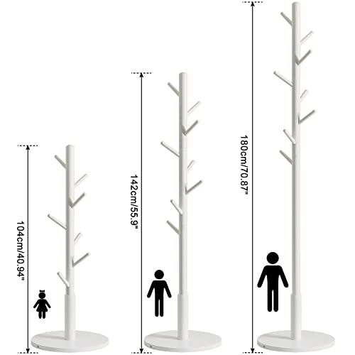 IBUYKE Coat Rack Stand, Freestanding Coat Tree with Solid Round Base and 8 Hooks, Easy Assembly Wooden Coat Hanger, Clothes Rack for Hallway Entryway, Living Room, Bedroom, Office, White WD-114