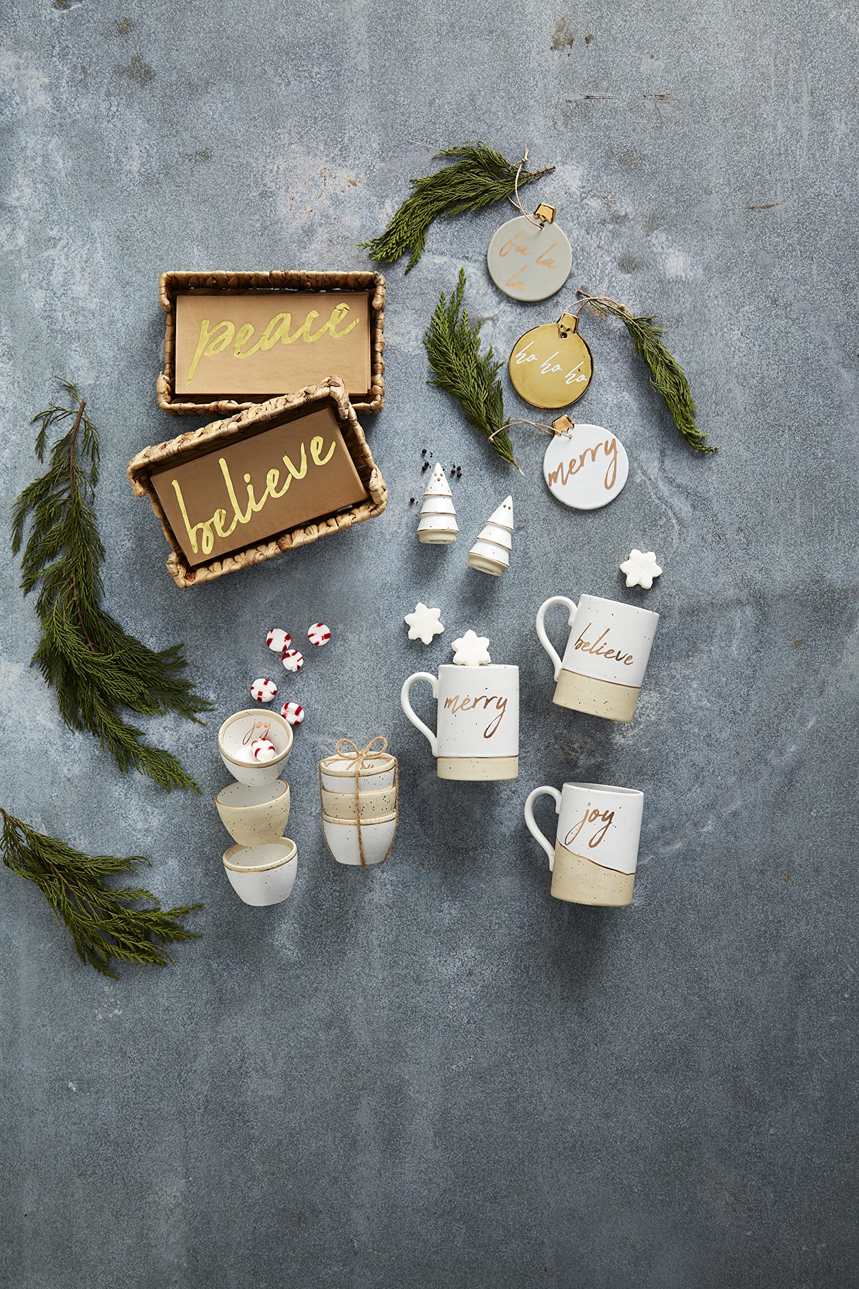 Mud Pie Stoneware Tree Salt and Pepper Set, Gold, 3 1/4" x 4" dia