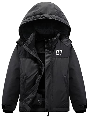 FREE SOLDIER Boys Girls Waterproof Ski Jacket Fleece Lined Warm Winter Snow Coat Kids Winter Jacket with Detachable Hood(Black,6-7/Boy)