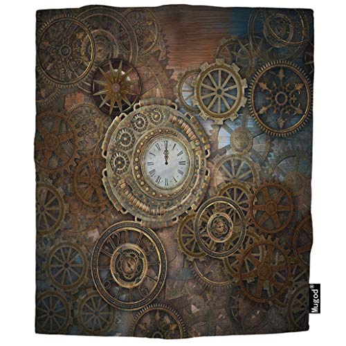 Mugod Clock and Gears Throw Blanket Rusty Steampunk Clock and Gears Bronze Old Vintage Soft Cozy Fuzzy Warm Flannel Blankets Decorative for Baby Toddler Swaddle Dog Cat 30X40 Inch