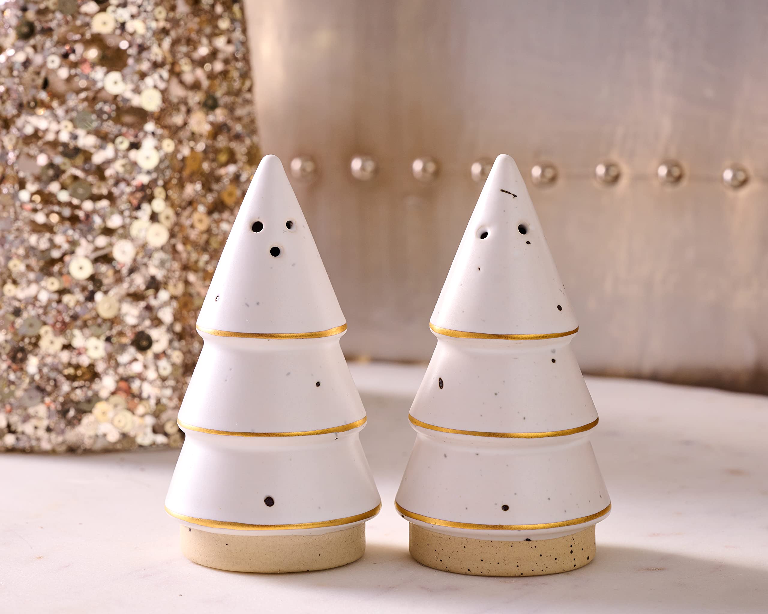 Mud Pie Stoneware Tree Salt and Pepper Set, Gold, 3 1/4" x 4" dia