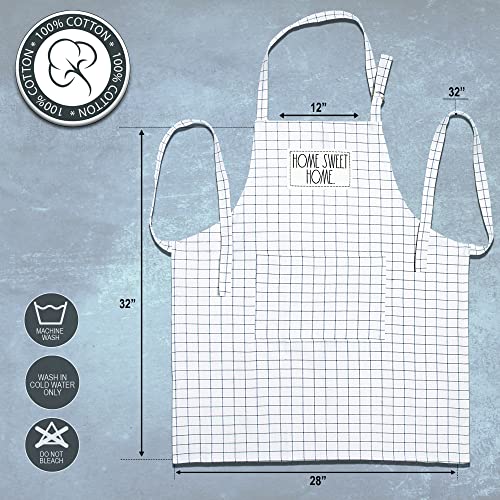 Rae Dunn Kitchen Apron for Adults, Adjustable Aprons for Cooking with Long Strap and Ties, Baking, BBQ, Machine Washable, Cotton Window Pane Apron Embroidered HOME SWEET HOME