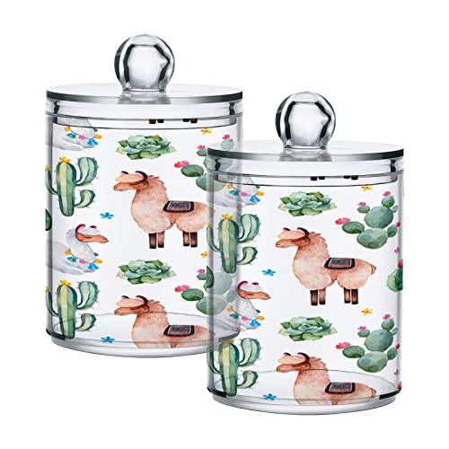 Nander 2Pack Qtip Holder Dispenser -Llama Cactus Clear Plastic Apothecary Jars Set - Restroom Bathroom Makeup Organizers Containers for Cotton Swab, Ball, Pads, Floss