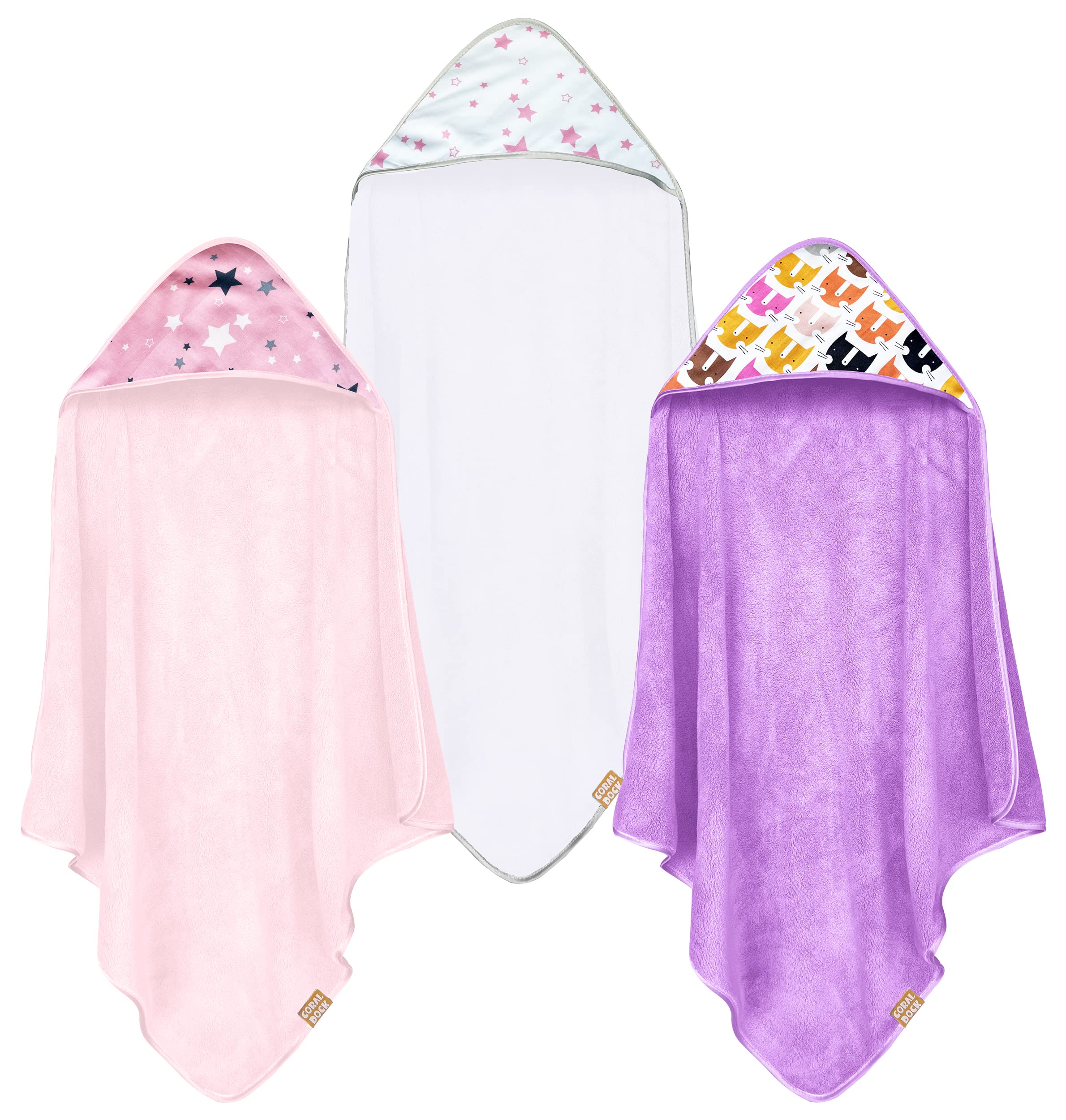 CORAL DOCK 3 Pack Baby Hooded Bath Towel Sets, Ultra Absorbent Baby Essentials Item for Newborn Boy Girl, Baby Bath Shower Towel Gifts for Infant and Toddler - Cute Pink Starry Sky