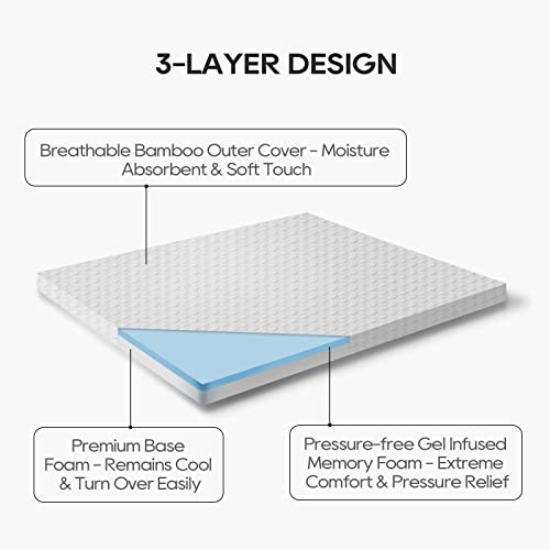 Gel Infused Memory Foam Mattress Topper with Breathable Bamboo Cover - 2 Inches Soft Pad for Mattress Upgration, Zero Pressure Mattress Topper for Back Pain Relief, Queen 60"x80"x2"