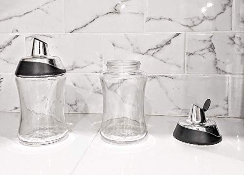 J&M Design 2-Pack Sugar Dispenser & Shaker For Coffee , Cereal , Tea & Baking with Pour Spout and Lid for Easy Spoon Measuring Pouring - 7.5oz Glass Jar Container - Coffee Bar Accessories & Essentials
