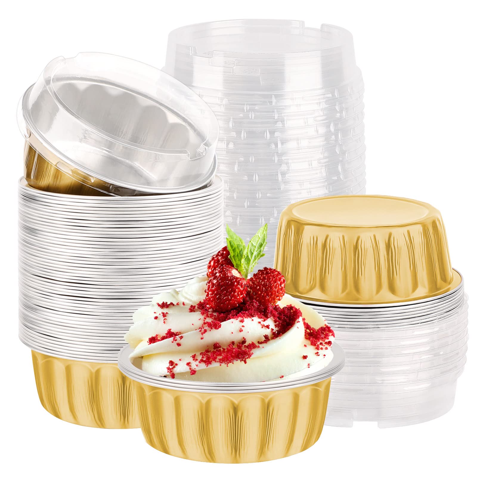 EUSOAR Aluminum Foil Cupcake Baking Cups, Gold 50 Pack 8oz Disposable Aluminium Creme Brulee Ramekins Cupcake Liners, Foil Desert Cake Pans Flan Molds Tin Foil Cups Containers with Lids for Baking