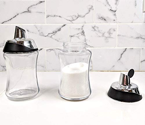 J&M Design 2-Pack Sugar Dispenser & Shaker For Coffee , Cereal , Tea & Baking with Pour Spout and Lid for Easy Spoon Measuring Pouring - 7.5oz Glass Jar Container - Coffee Bar Accessories & Essentials