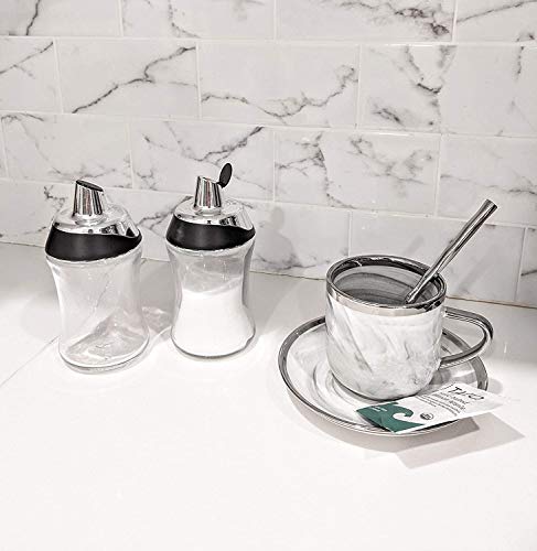 J&M Design 2-Pack Sugar Dispenser & Shaker For Coffee , Cereal , Tea & Baking with Pour Spout and Lid for Easy Spoon Measuring Pouring - 7.5oz Glass Jar Container - Coffee Bar Accessories & Essentials