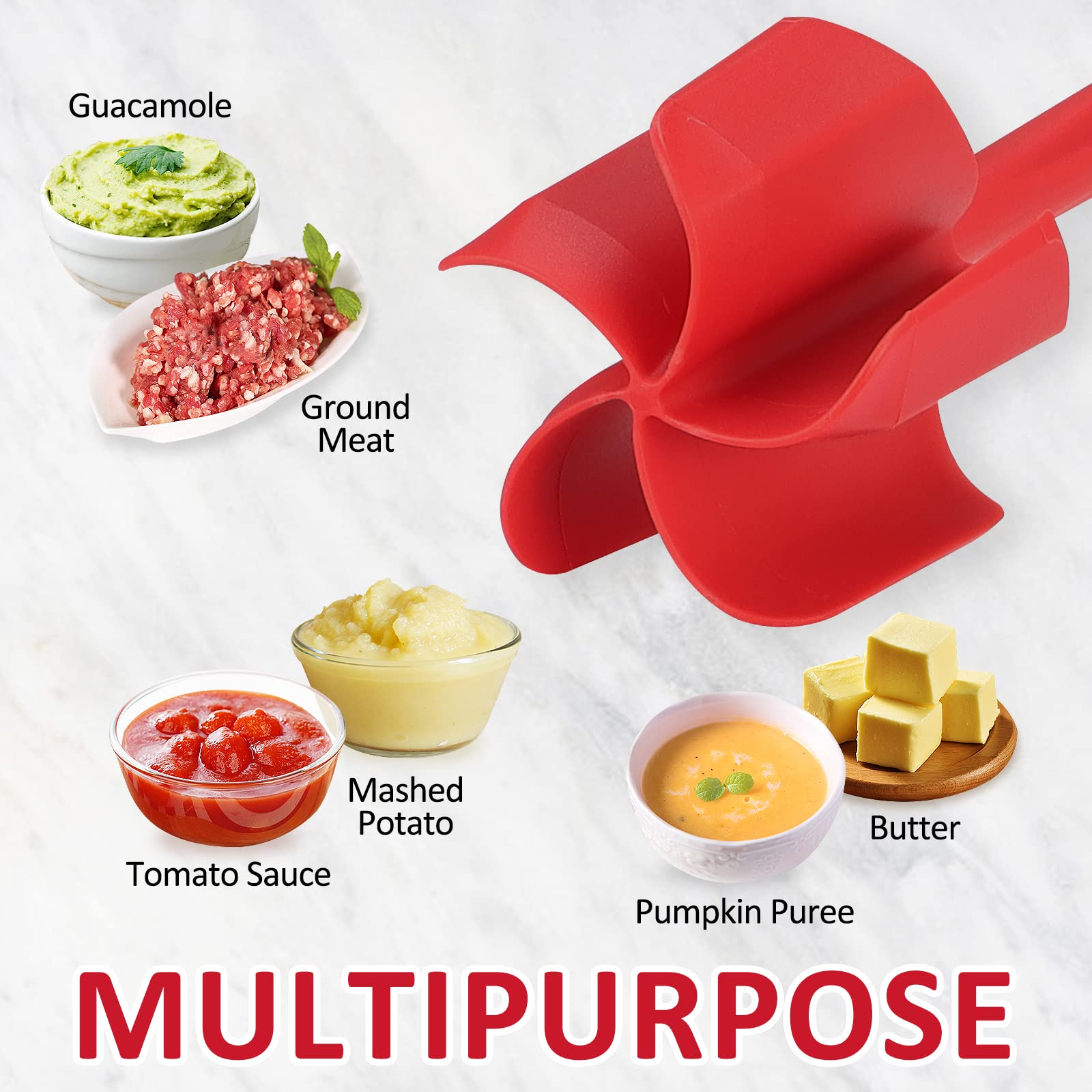 Ourokhome Upgrade Meat Chopper and Potato Masher, Heat Resistant Ground Meat Smasher for Hamburger, 5 Curved Blades Ground Beef Smasher, Nylon Non Stick Mixer, Stirrer and Kitchen Gadgets, Red