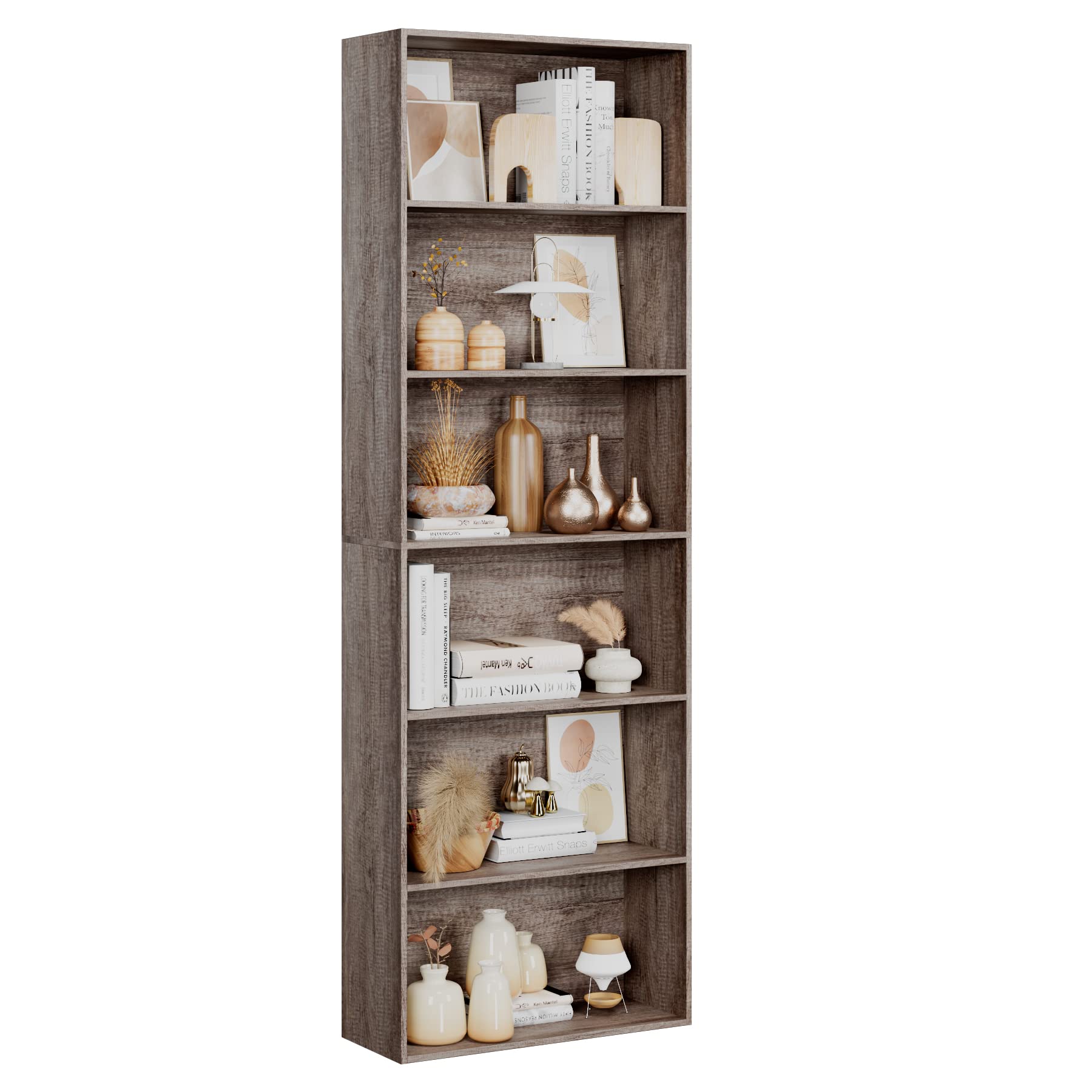 FOTOSOK 6-Tier Open Bookcase and Bookshelf, Freestanding Display Storage Shelves Tall Bookcase for Bedroom, Living Room and Office, Oak