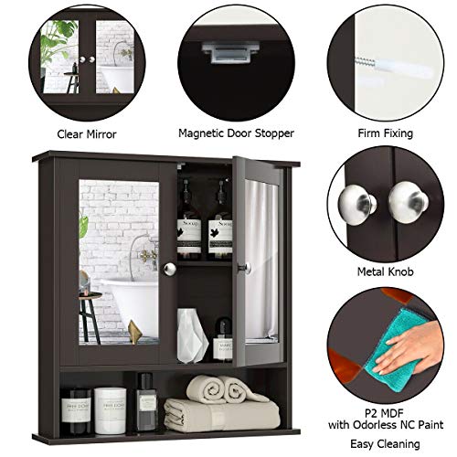 UJOYPAYD Wall Mount Medicine Cabinet Wood Wall Storage Cabinet with 2 Doors Shelf Wall Hanging Mirror Cabinet Organizer w/Adjustable Shelf for Bathroom,Living Room Kitchen (Brown)