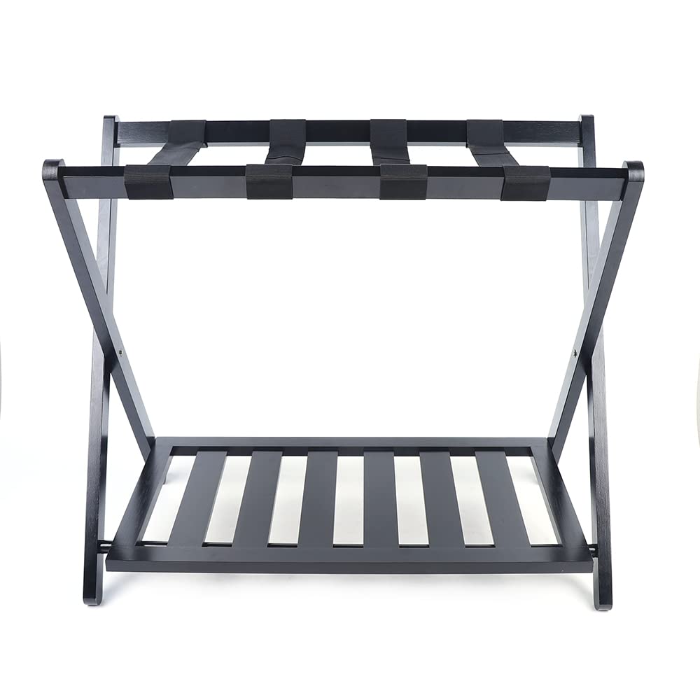 YIPONYT Luggage Rack Black Suitcase Stand Household Wood Folding Shelf,Folding Storage Rack Double Layer Luggage Rack for Guest Room Bedroom Hotel