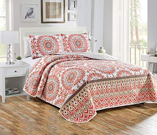 Home Collection 3pc King/California King Quilted Bedspread Set Floral Bedding Coral Salmon Sage Green Grey Taupe New